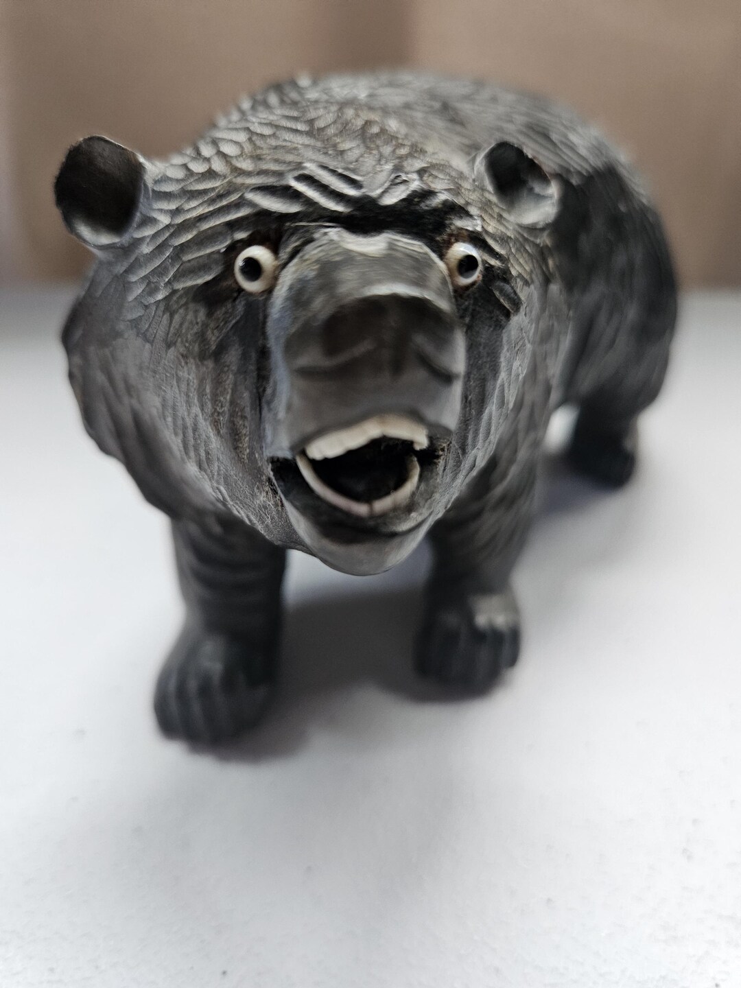 Vintage Japanese Ainu Hand Carved Bear, Wooden Sculpture With Glass ...