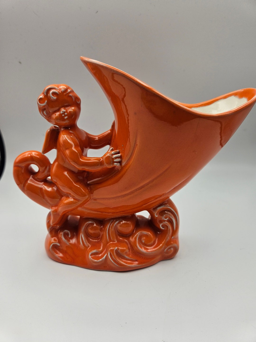Vintage Pottery Orange Cherub Cornucopia Vase - Etsy