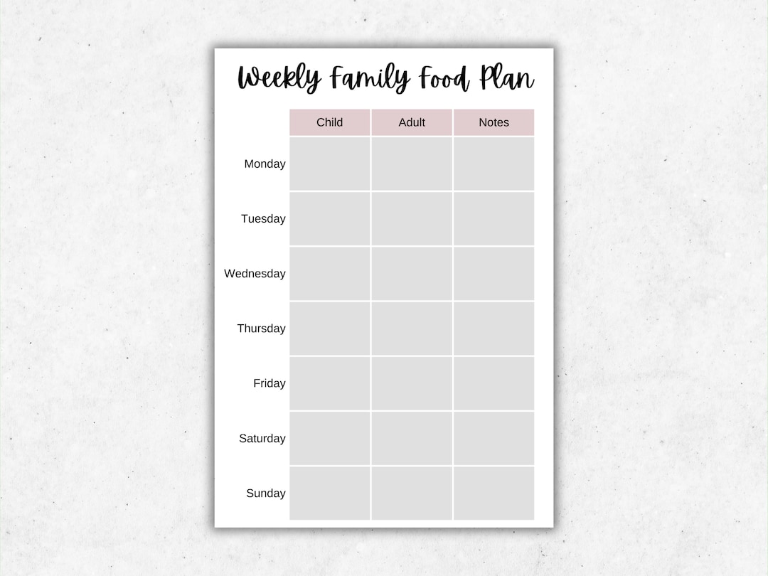 Printable Weekly Family Meal Planner With Child and Adult Sections Rose ...