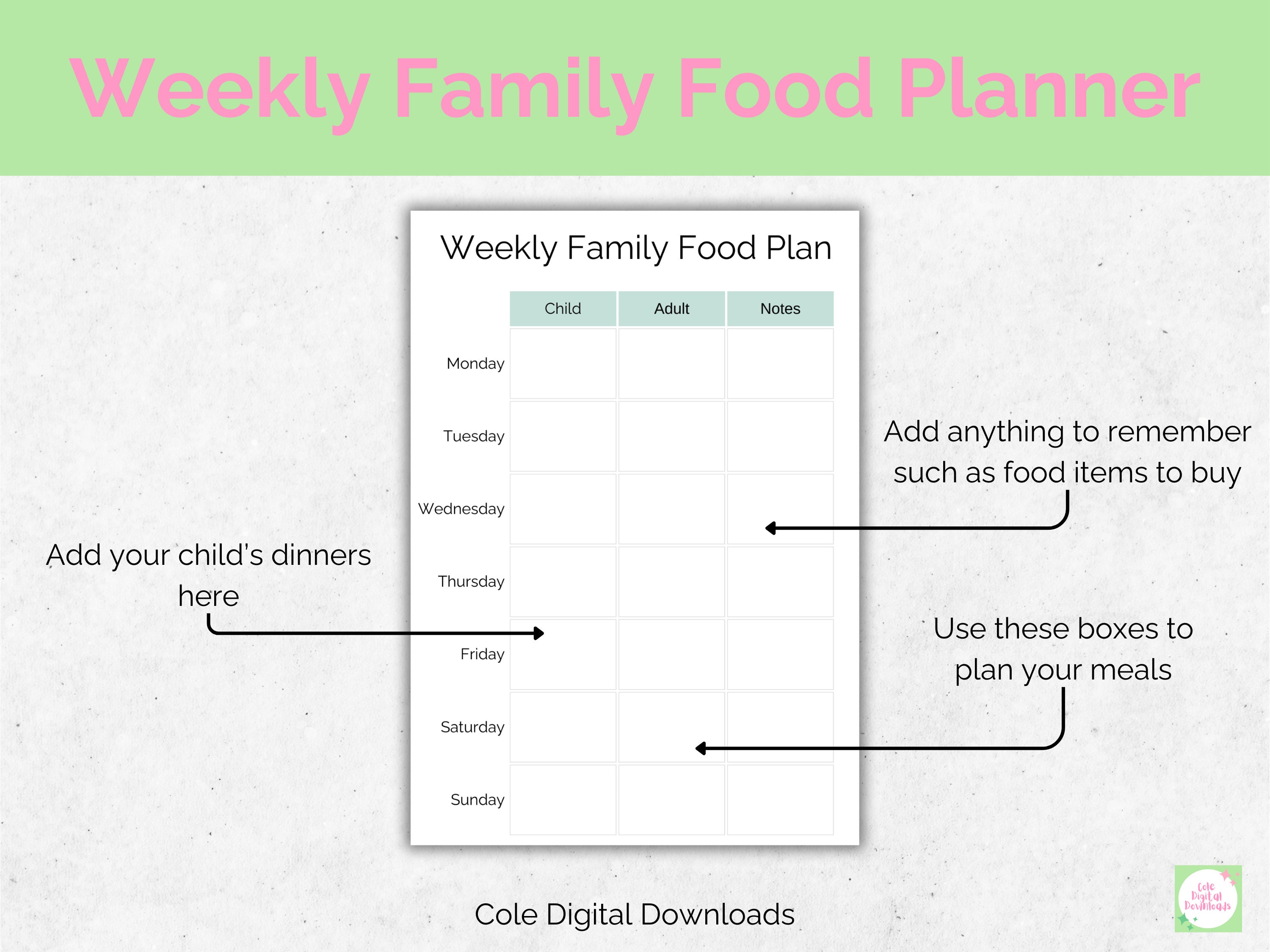 Printable Weekly Family Meal Planner With Child and Adult Sections ...