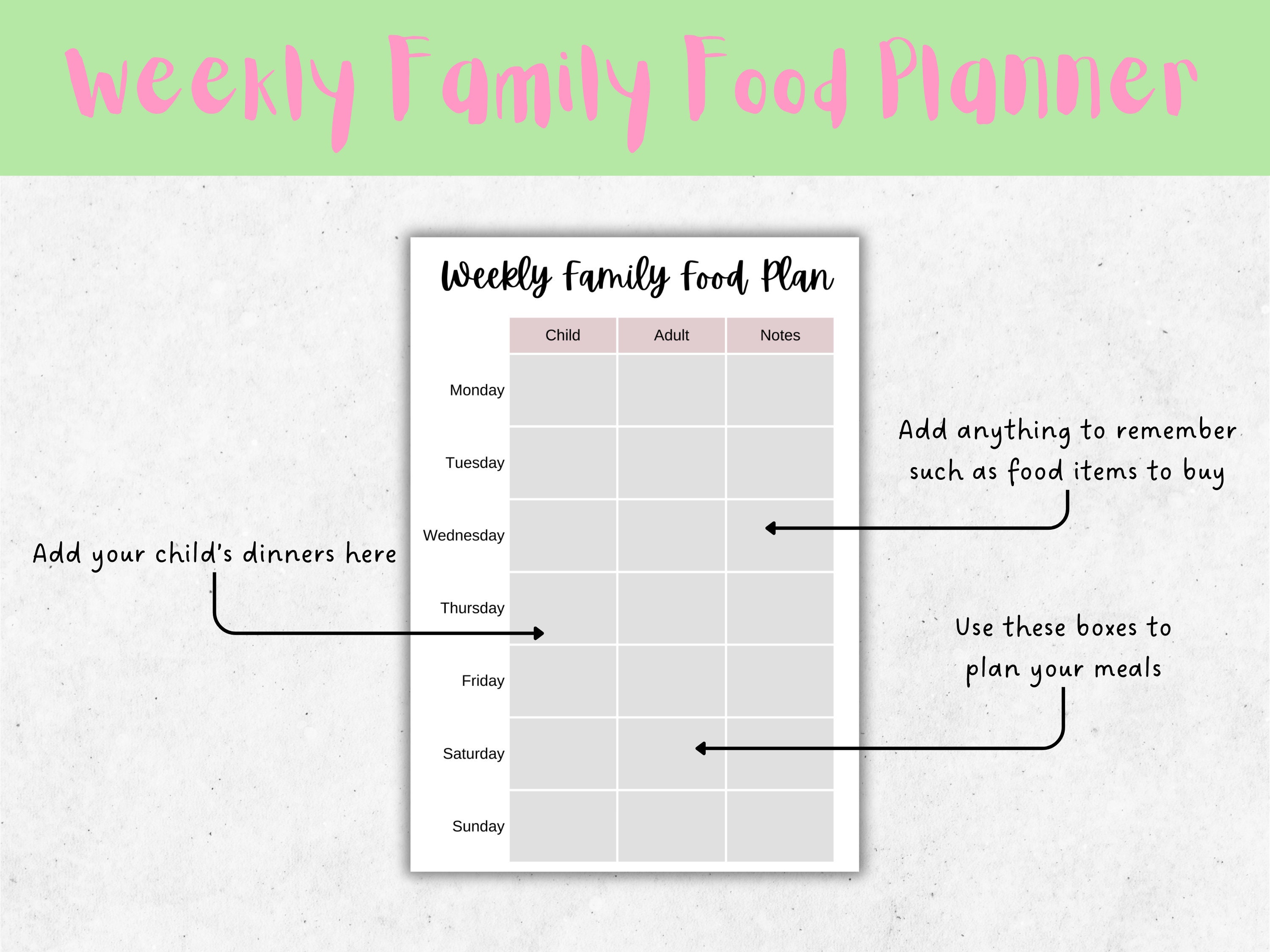 Printable Weekly Family Meal Planner With Child and Adult Sections Rose ...