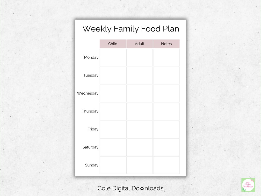 Printable Weekly Family Meal Planner With Child and Adult Sections ...