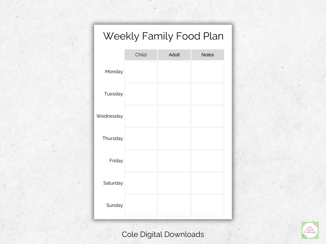 Printable Weekly Family Meal Planner With Child and Adult Sections - Etsy