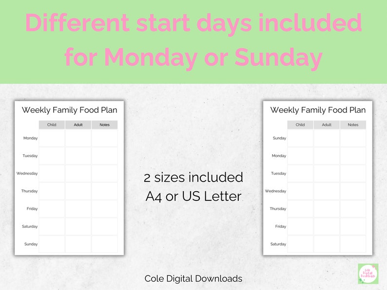 Printable Weekly Family Meal Planner With Child and Adult Sections - Etsy