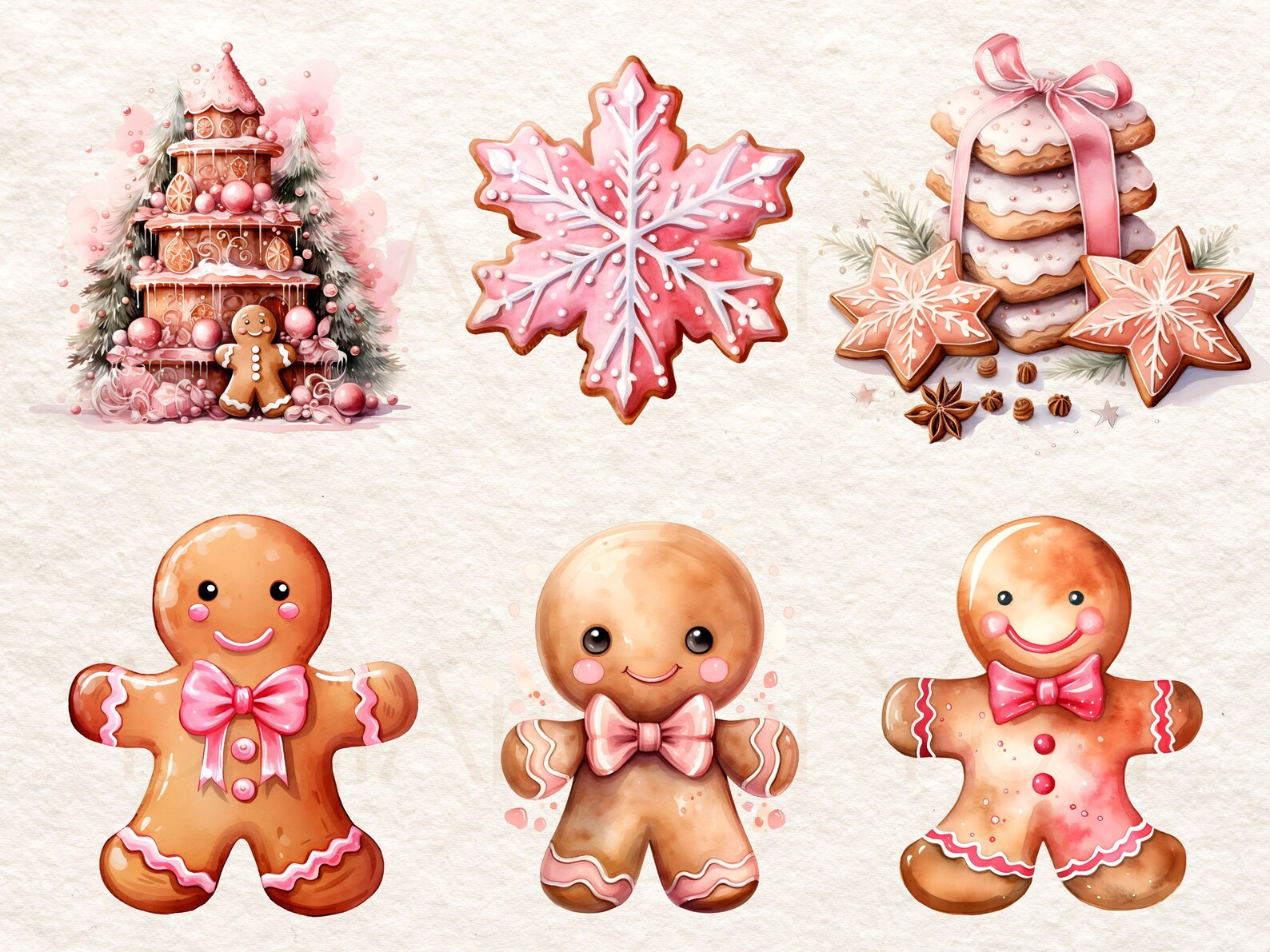 30 Watercolor Gingerbread Cookie Digital Design, Cute Pink Christmas ...