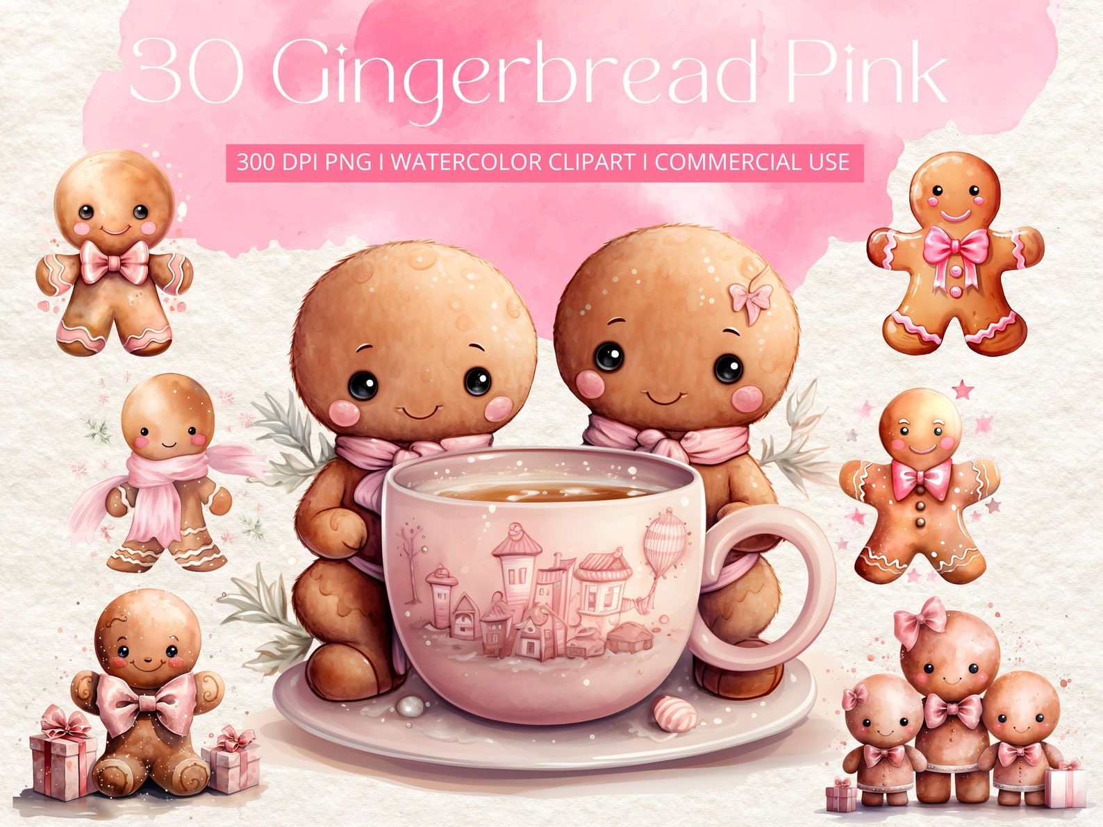 30 Watercolor Gingerbread Cookie Digital Design, Cute Pink Christmas ...