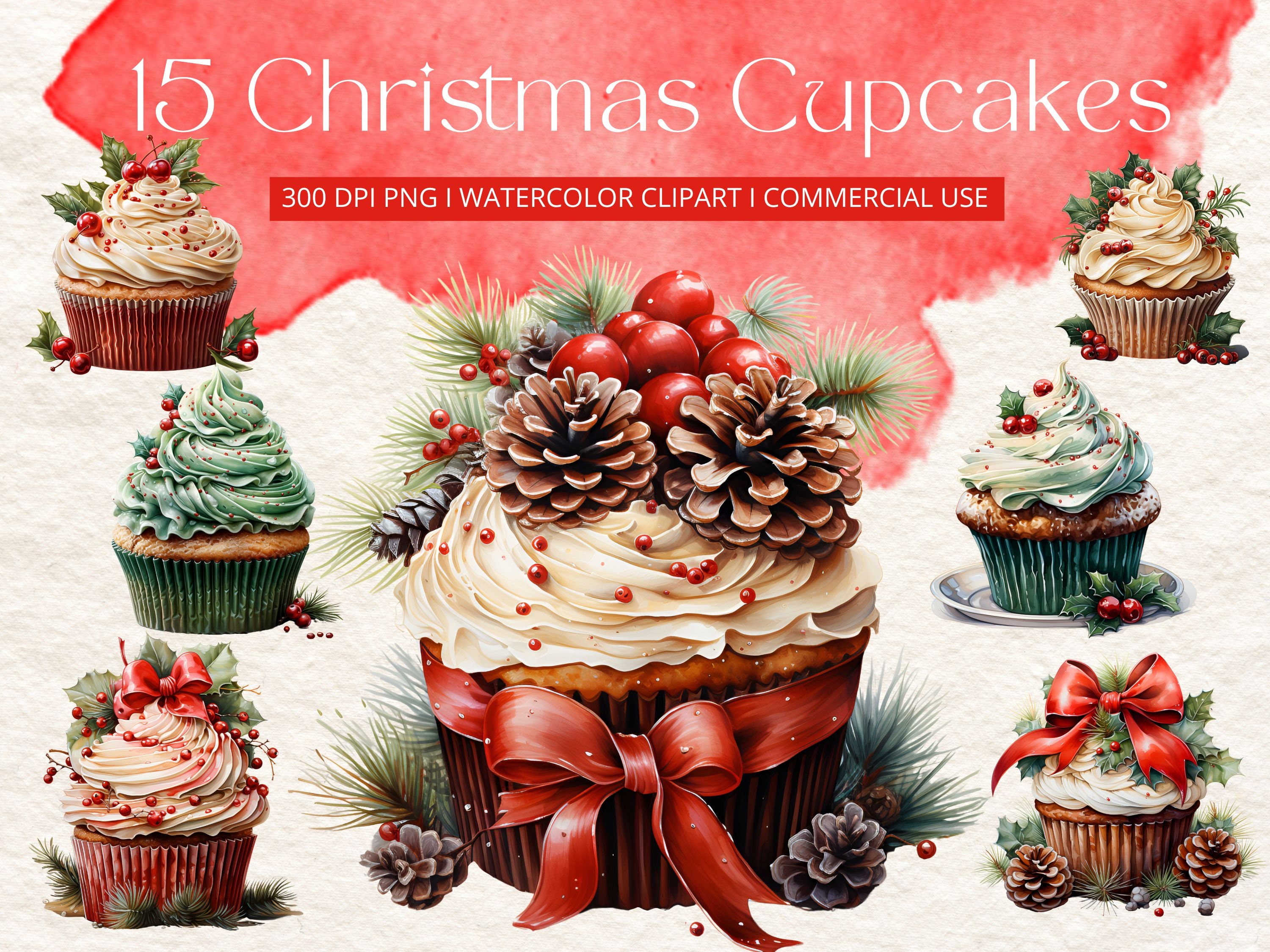 Watercolor Christmas Cupcake Clipart Bundle, Watercolor Christmas ...