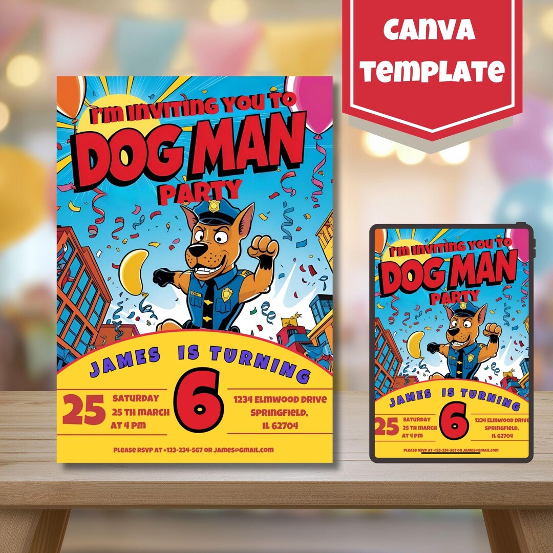 Editable Dog Man Birthday Invitation, Dog Man Comic Book Party Invite ...