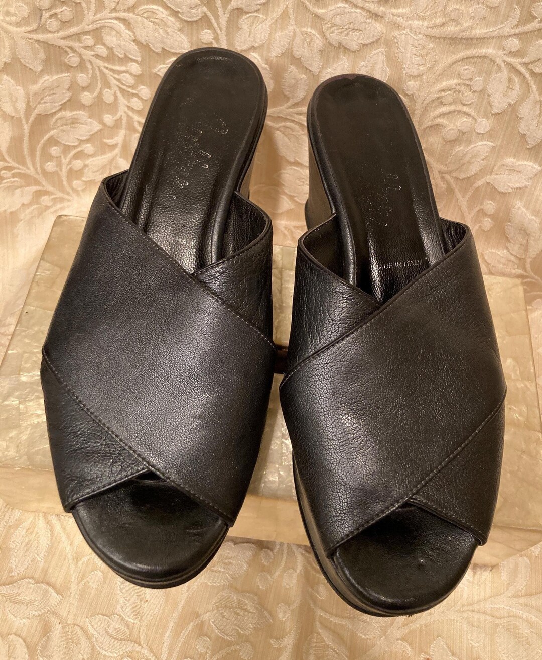 Vintage Italian BUTTER Handmade Leather Wedge Slides - Graphite Gray ...