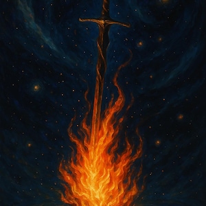 Dark Souls Bonfire Art Print, Cosmic Sword in Flames Poster, Dark ...