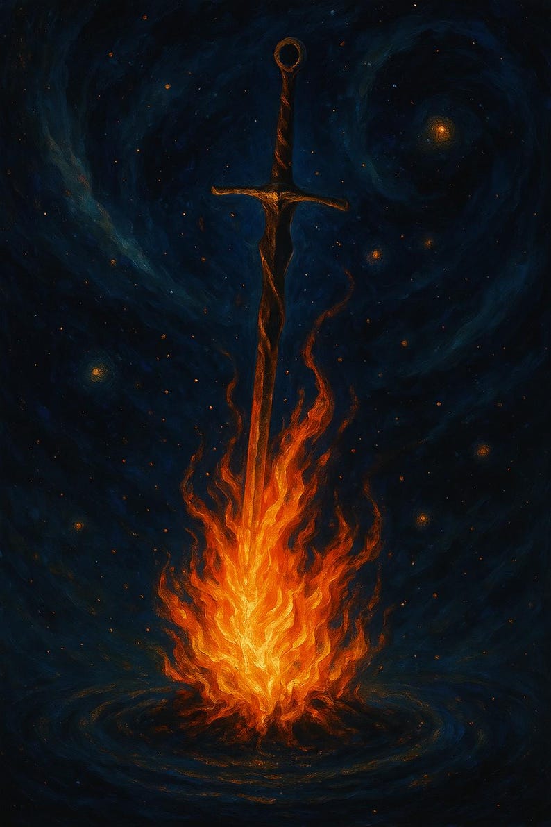 Dark Souls Bonfire Art Print, Cosmic Sword in Flames Poster, Dark ...