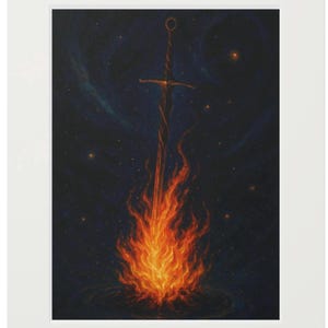 Dark Souls Bonfire Art Print, Cosmic Sword in Flames Poster, Dark ...