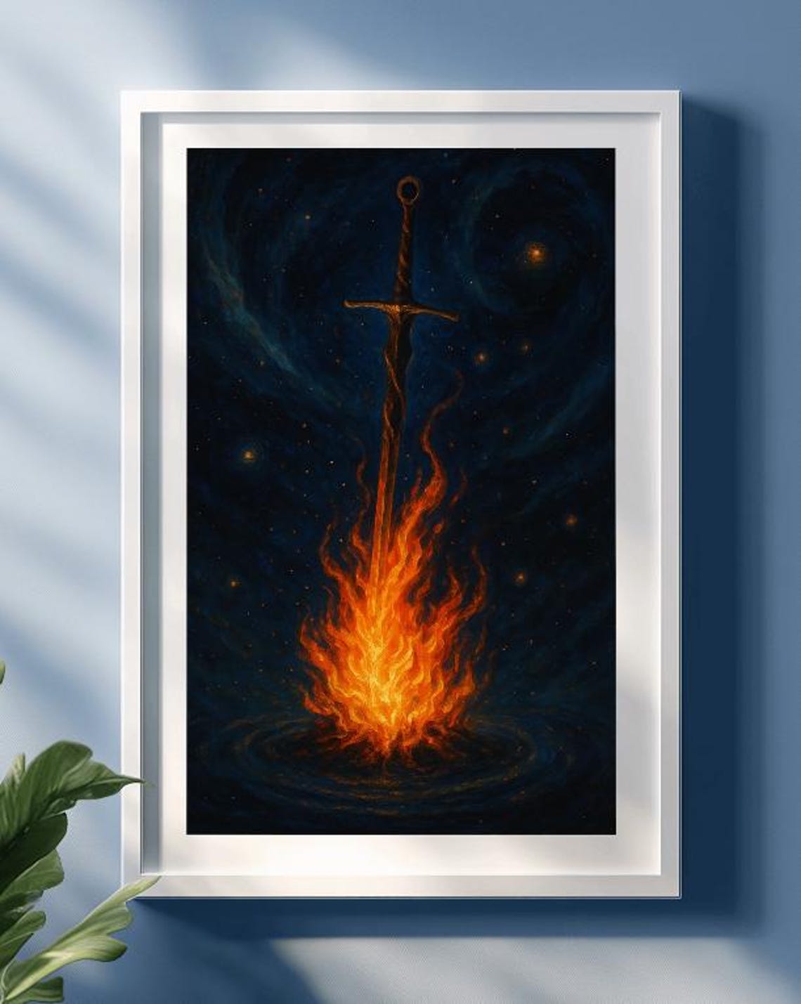 Dark Souls Bonfire Art Print, Cosmic Sword in Flames Poster, Dark ...
