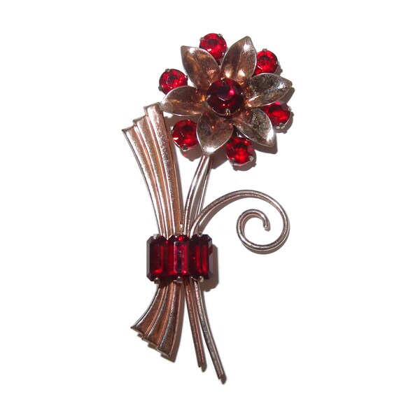 Sterling Retro Red Floral Spray Brooch - Gem