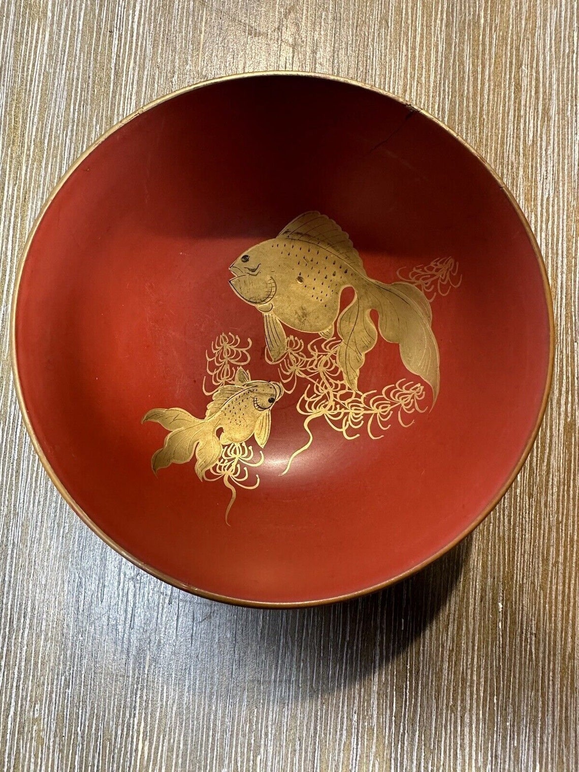 Two Vtg/antique Asian Lacquer Ware Bowls - Goldfish & Grapes Design in ...