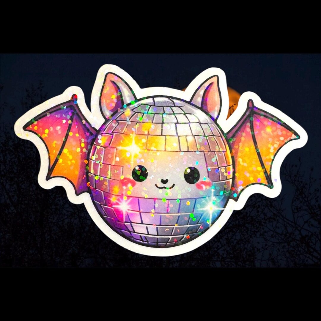 Sparkly Holographic Disco Ball Bat Sticker, Cute Retro Halloween, Bat ...