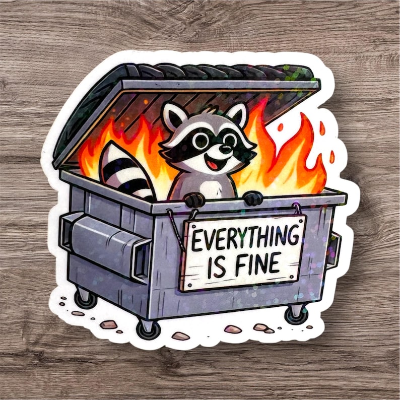 Dumpster Fire Raccoon Sticker, Everything is Fine, Cute 2.5" Decal ...