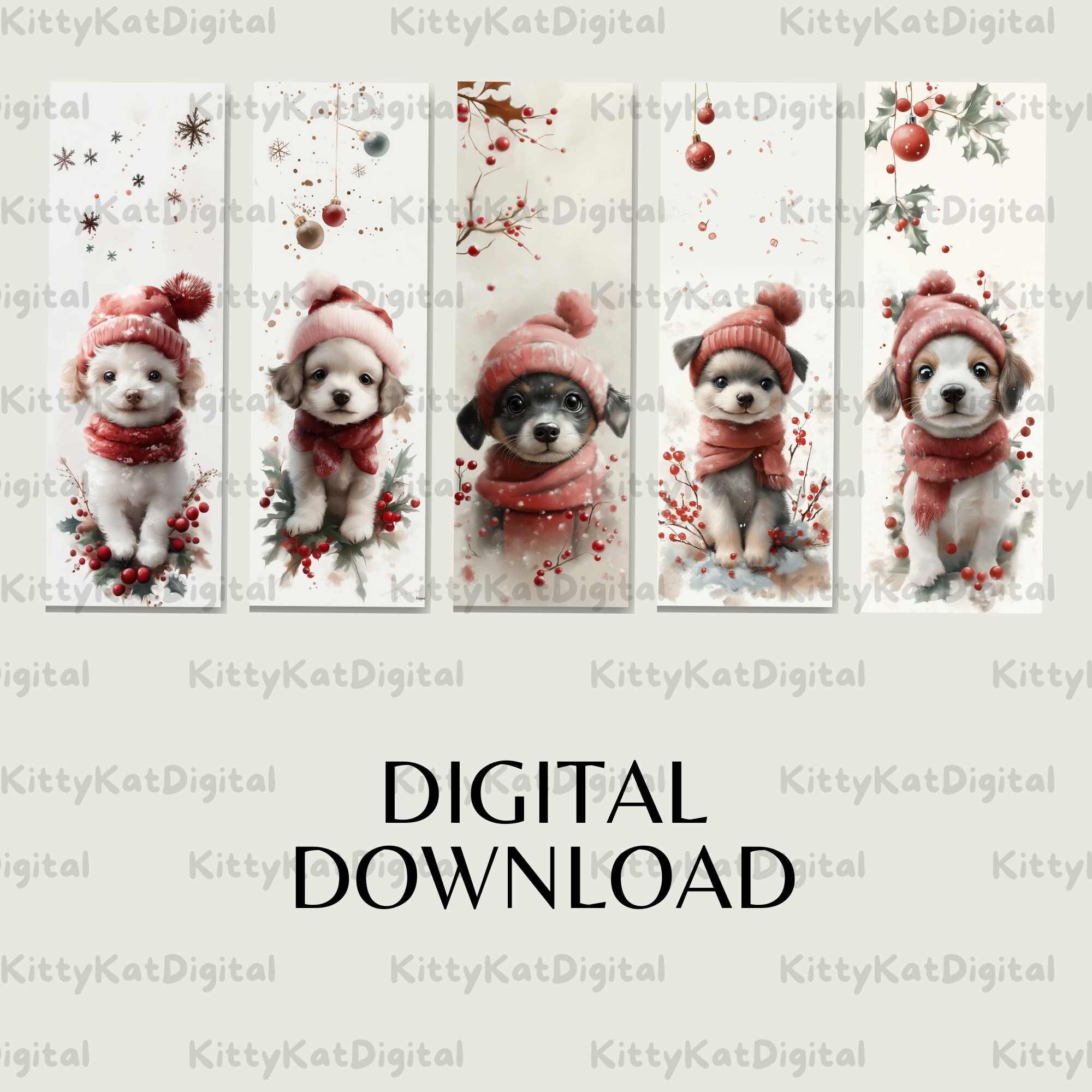 10 Christmas Dogs Printable Bookmarks, Watercolor Puppy Bookmark ...