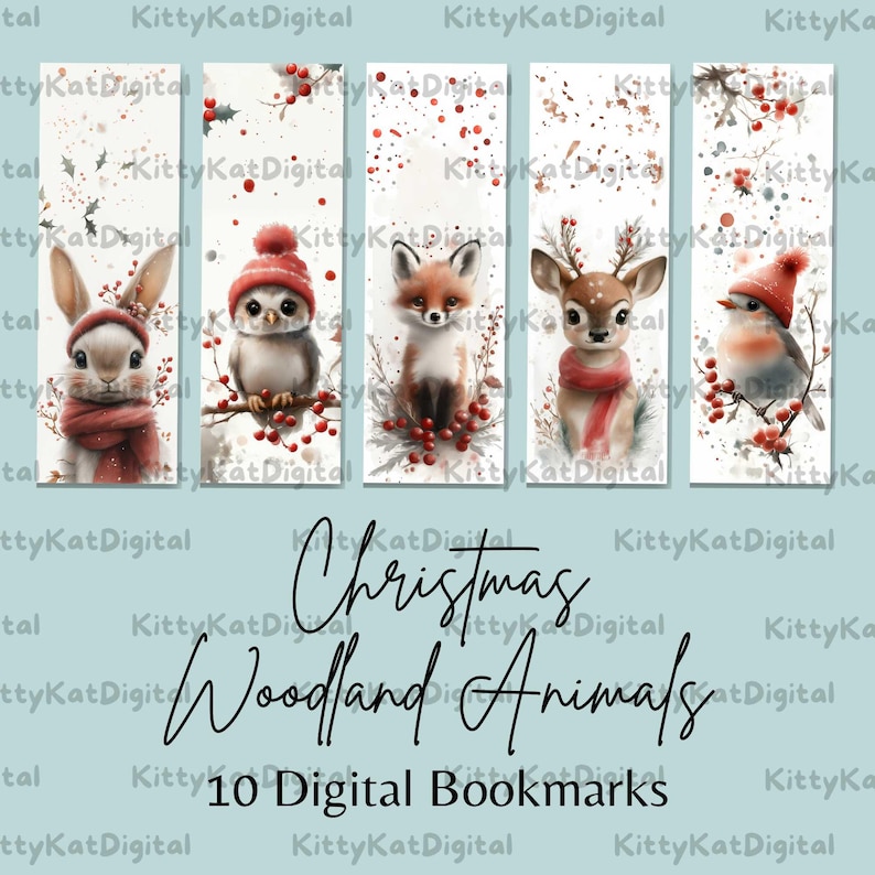 10 Christmas Woodland Animals Printable Bookmarks, Watercolor Bookmark ...