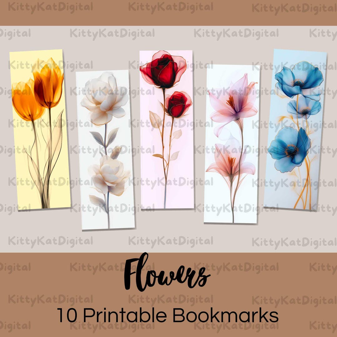 10 Flower Printable Bookmark Set, Digital Download, PDF and PNG Files ...