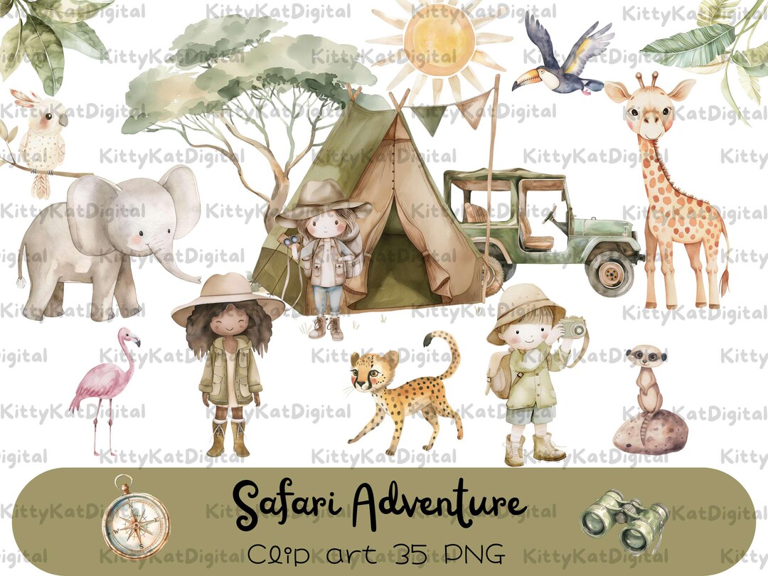 Safari Adventure Watercolor Clipart Set - 35 Transparent PNG - Card ...