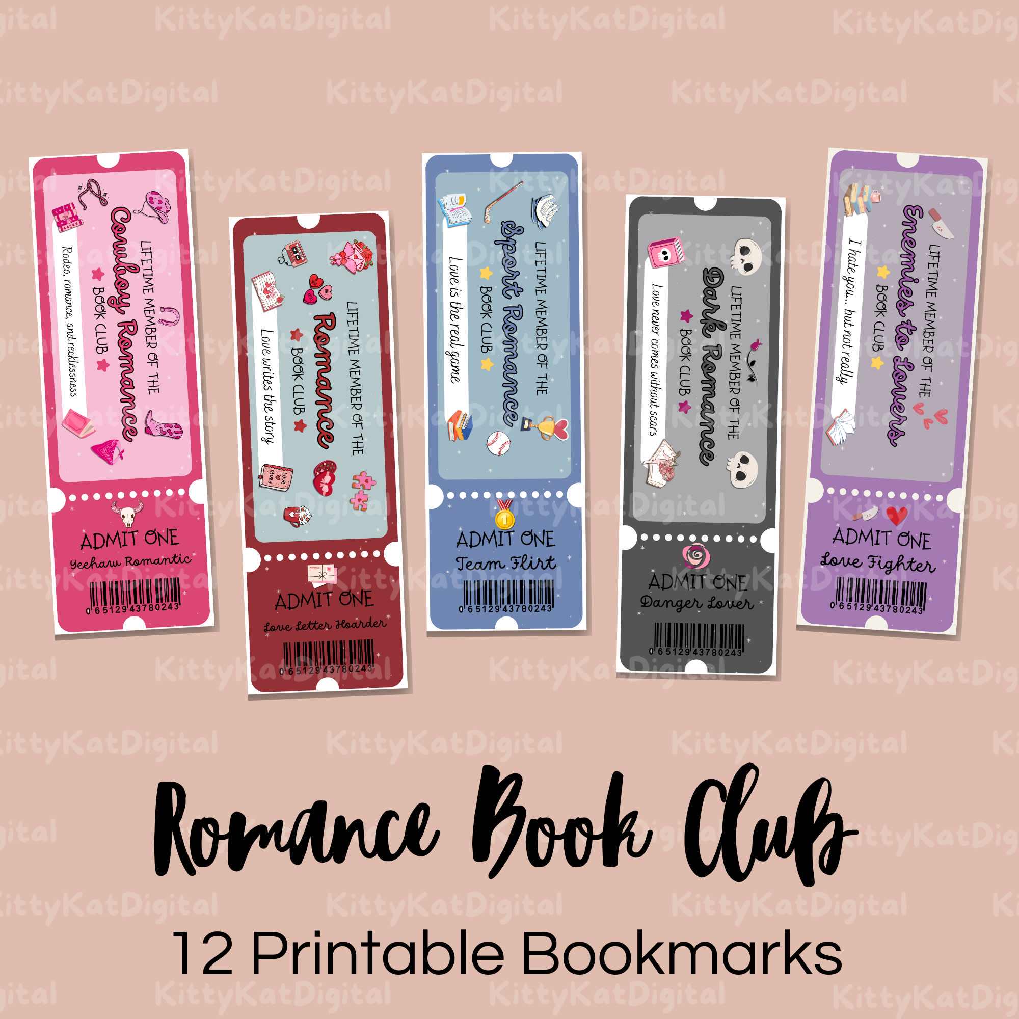 Printable Bookmark, Romance Book Club Member Ticket, Love Books ...
