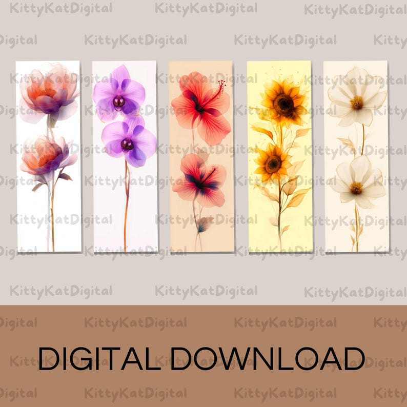 10 Flower Printable Bookmark Set, Digital Download, PDF and PNG Files ...