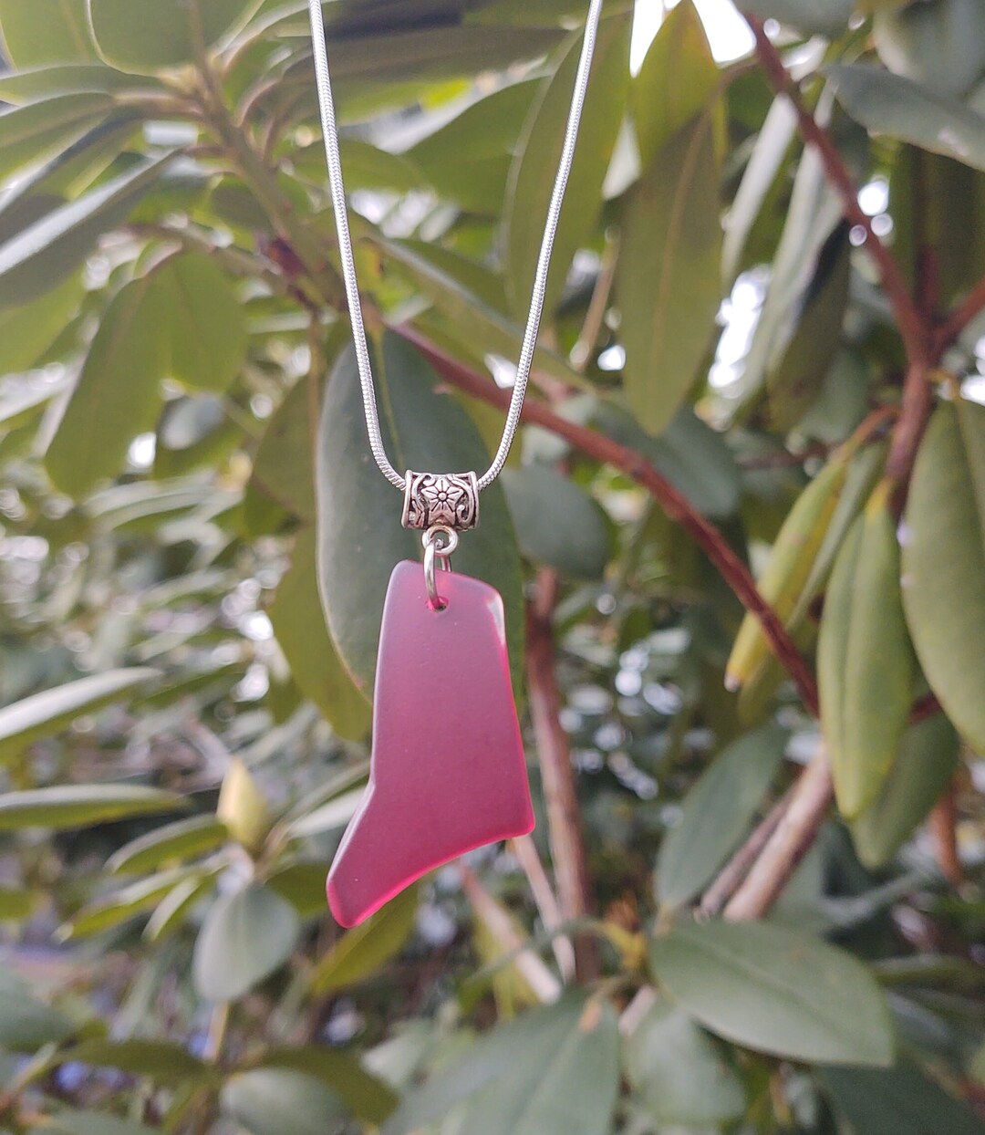 Ruby Red Sea Glass Necklace Flower Bail 16, 18, 20 Stainless Steel ...