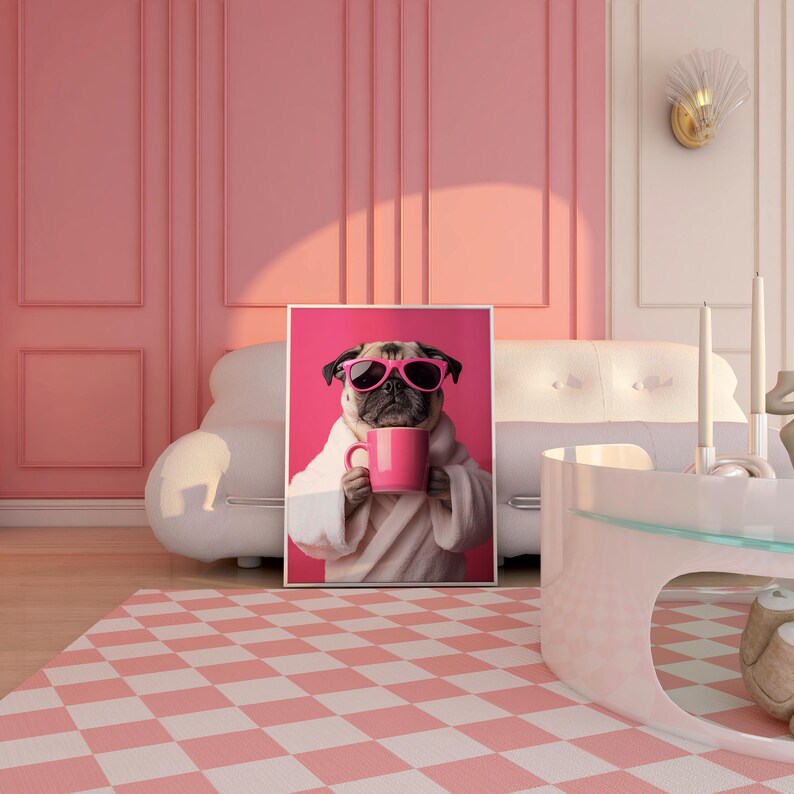 Printable Wall Art, Pug Drinking Coffee, Dopamine Dining Room, Colorful ...