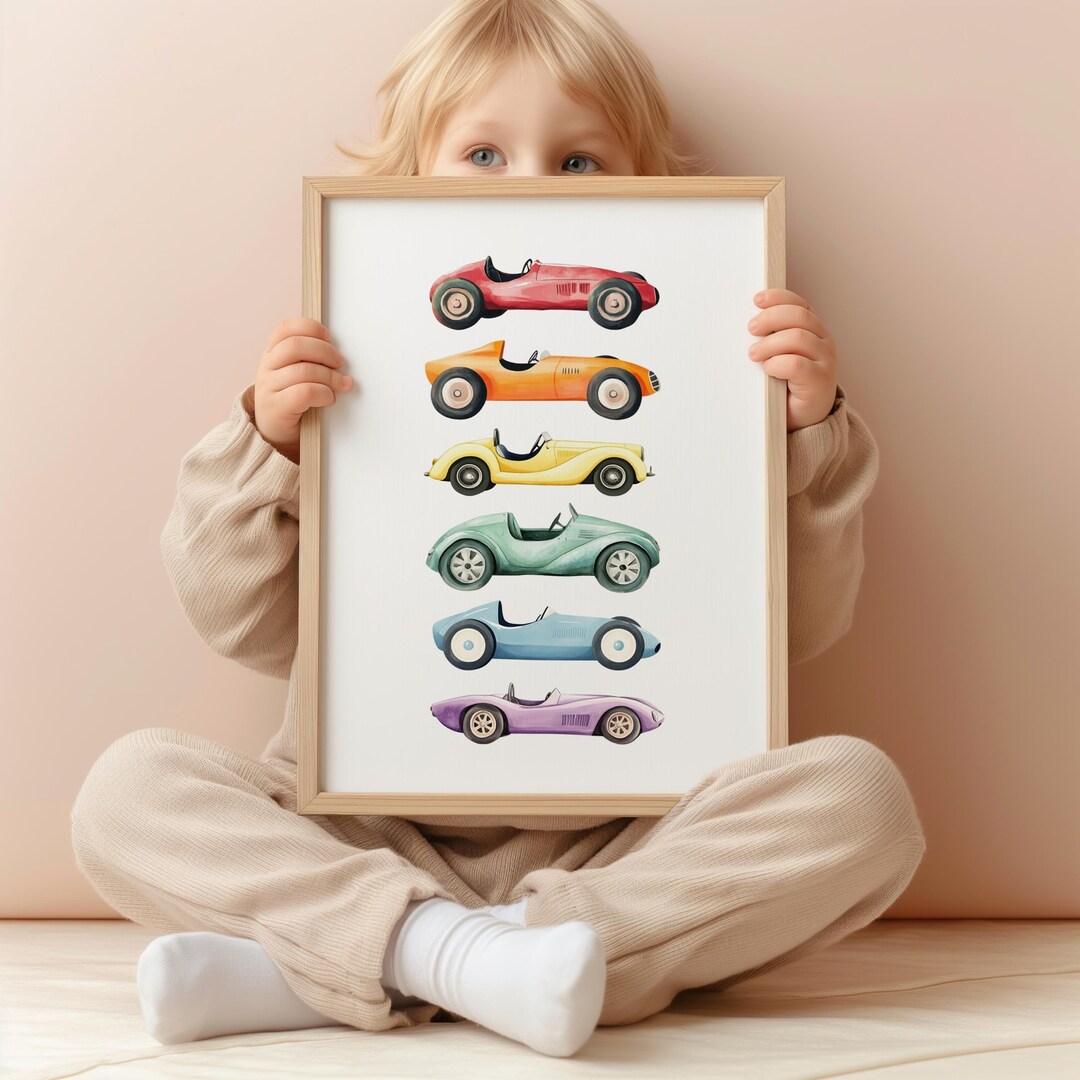 Colorful Cars Poster, Bright Rainbow Print, Nursery Wall Art, Playroom ...