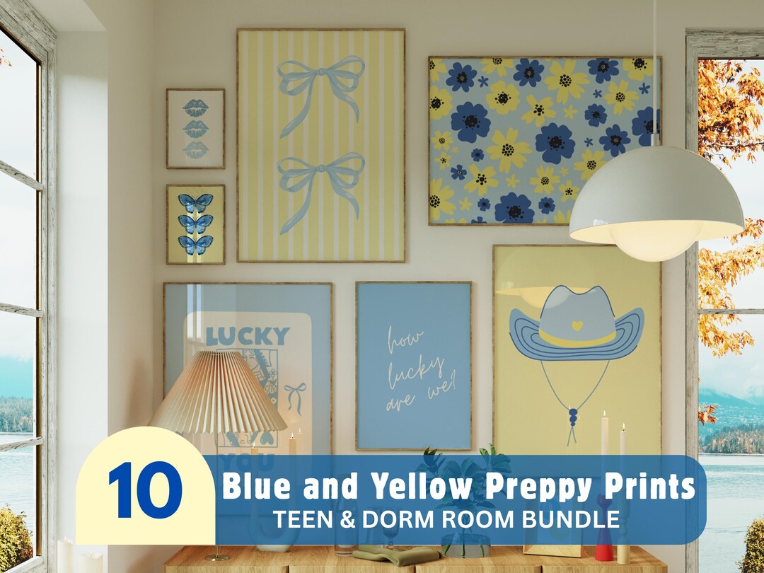 Blue and Yellow Preppy Set of 10, Aesthetic Floral Wall Art, Trendy ...