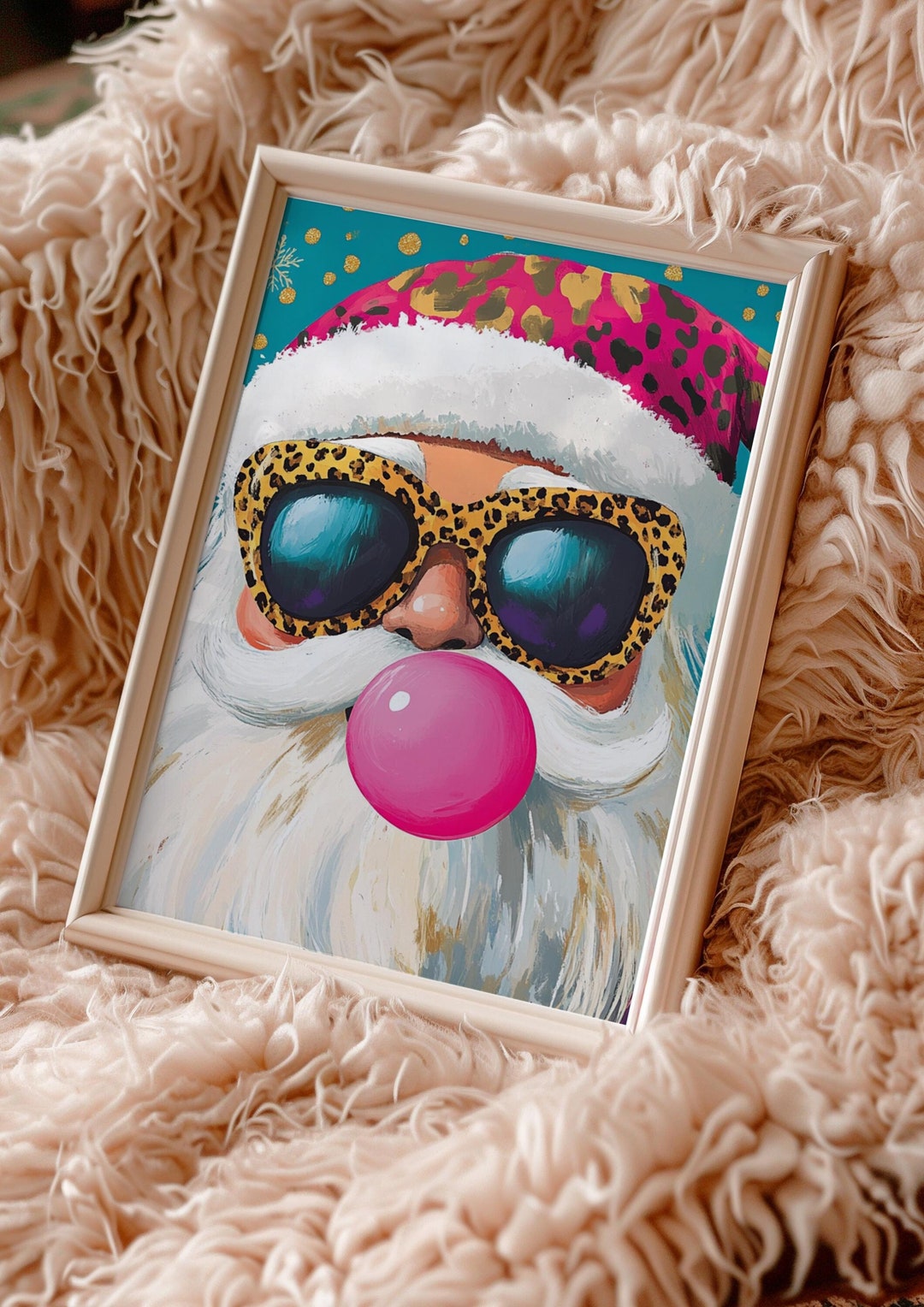 Leopard Santa Wall Art Pink Christmas Girly Santa Claus Print Cute ...