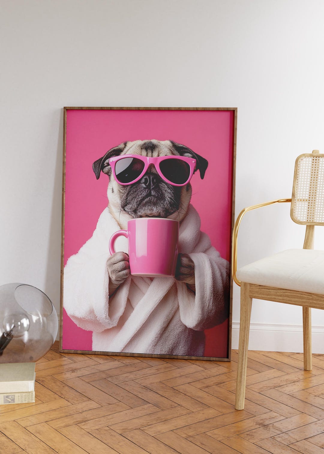 Printable Wall Art, Pug Drinking Coffee, Dog Lover Room, Colorful ...