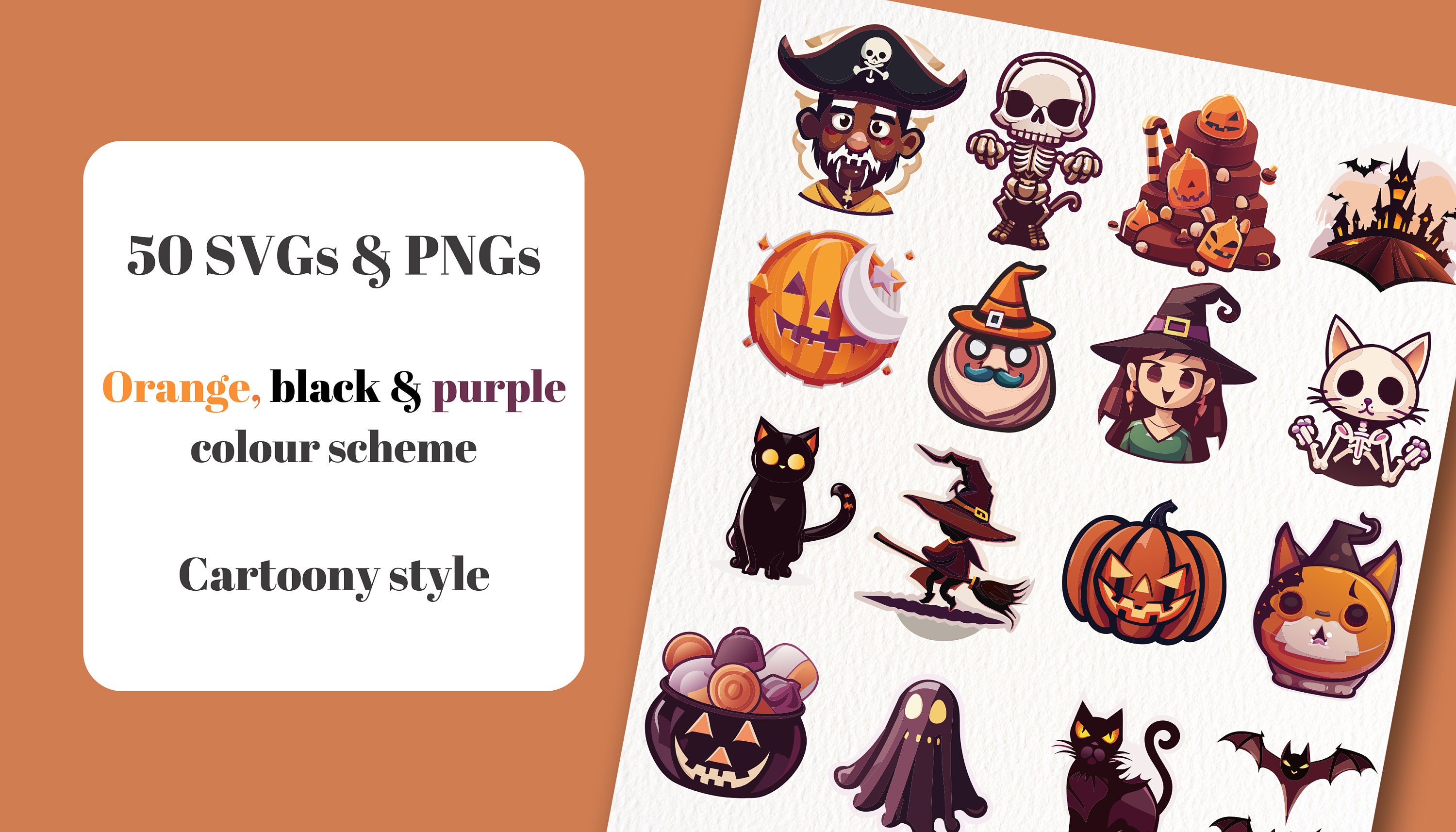 50 Halloween Icons Clipart Bundle, Spooky Halloween Cartoon Vectors and ...