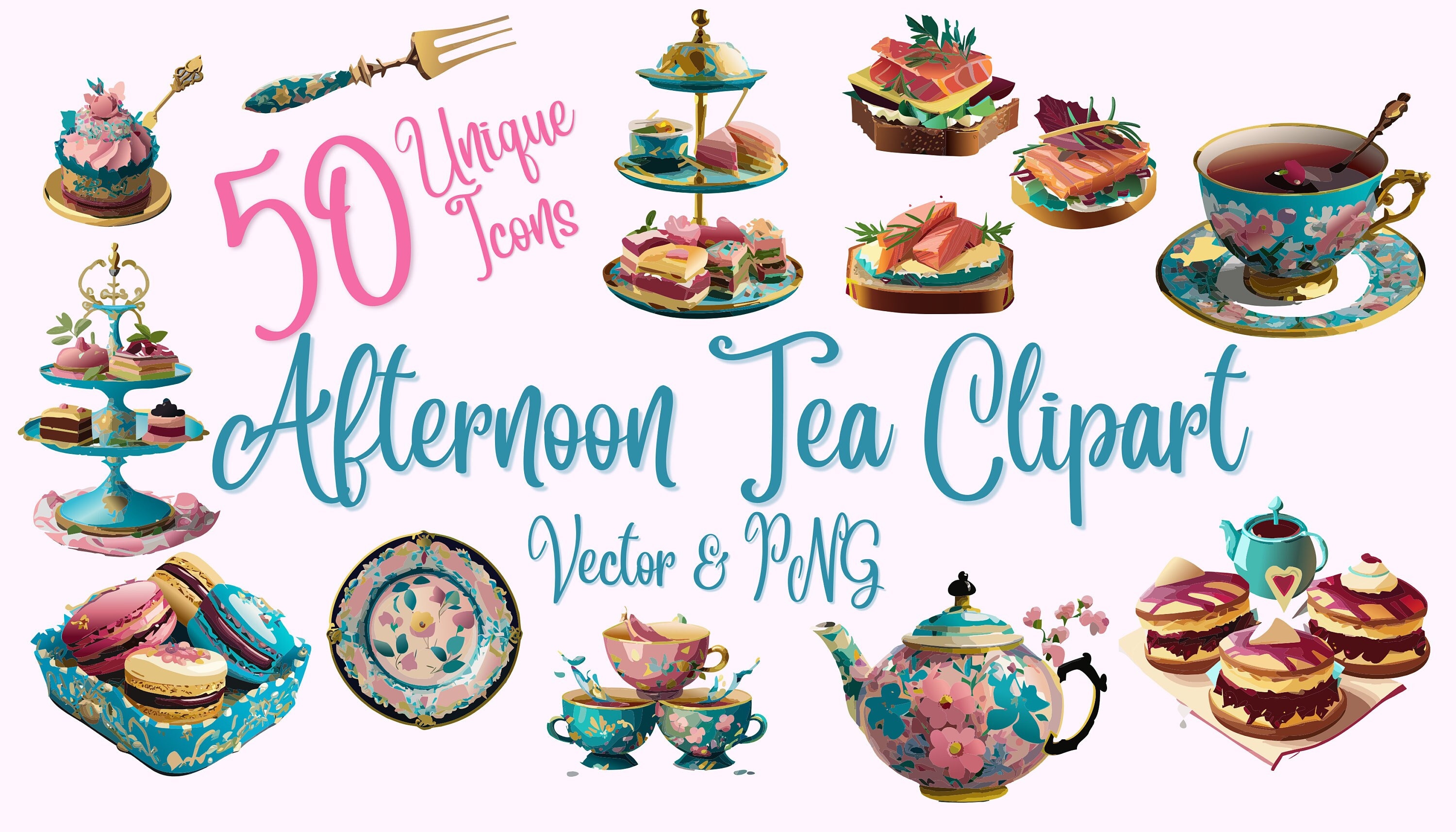 50 Afternoon Tea Icons Clipart Bundle, Vintage British Aternoon Tea and ...