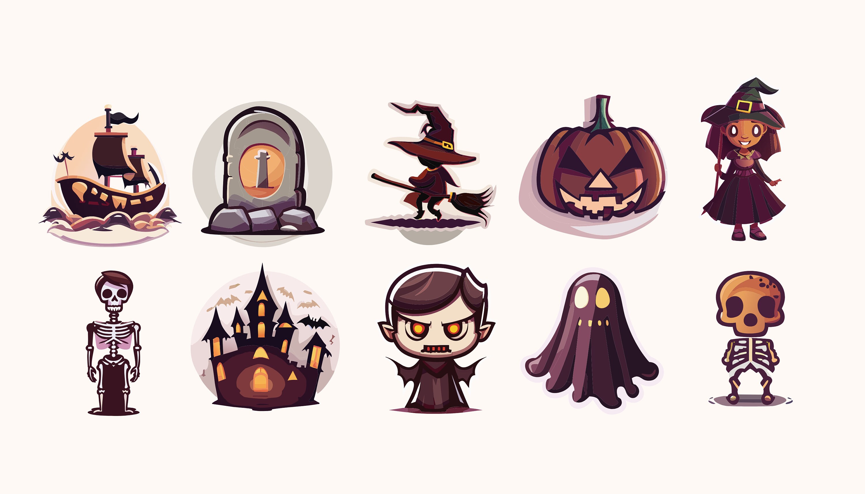 50 Halloween Icons Clipart Bundle, Spooky Halloween Cartoon Vectors and ...