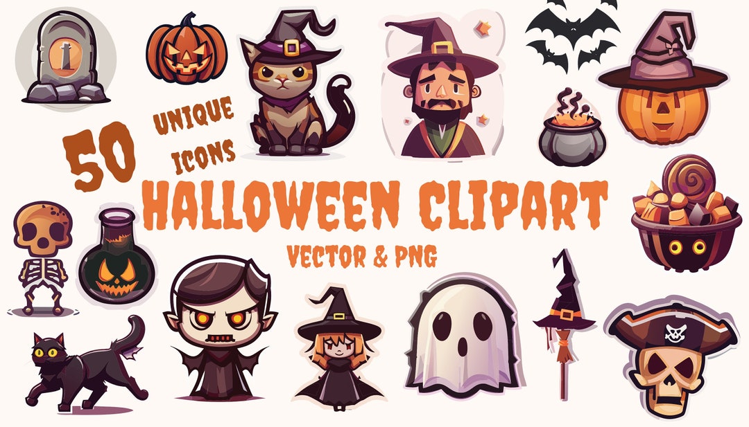 50 Halloween Icons Clipart Bundle, Spooky Halloween Cartoon Vectors and ...