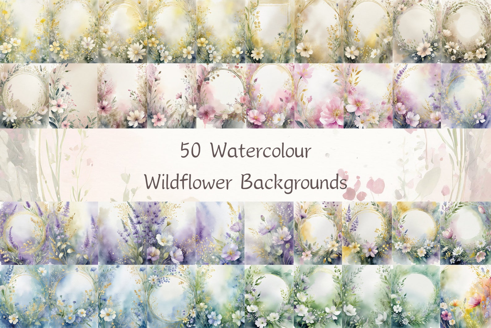 50 Watercolour Wildflower Backgroud Bundle, Watercolour Floral Digital ...
