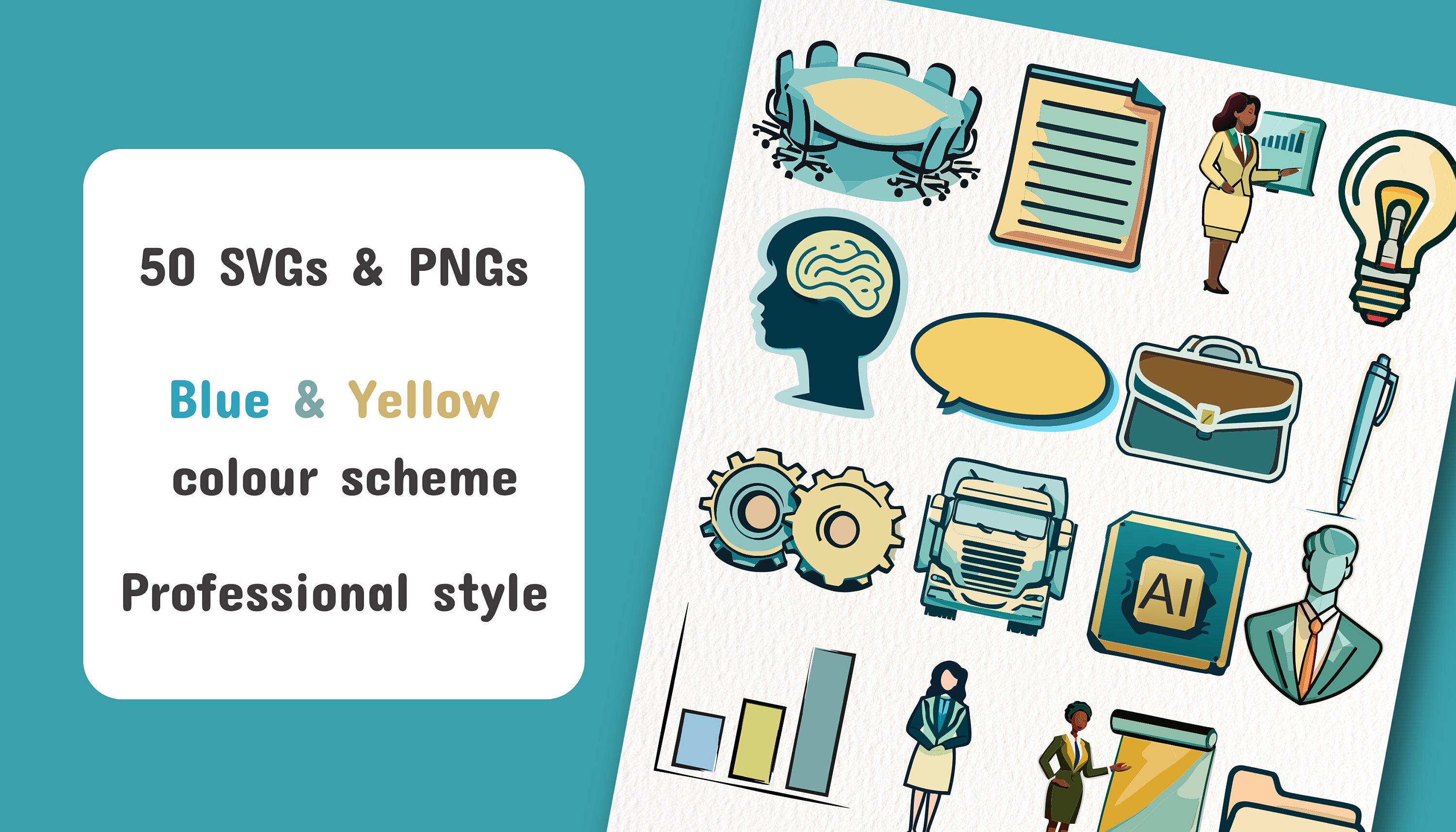 50 Business Professional Icons Clipart Bundle, Blue and Yellow Figures ...