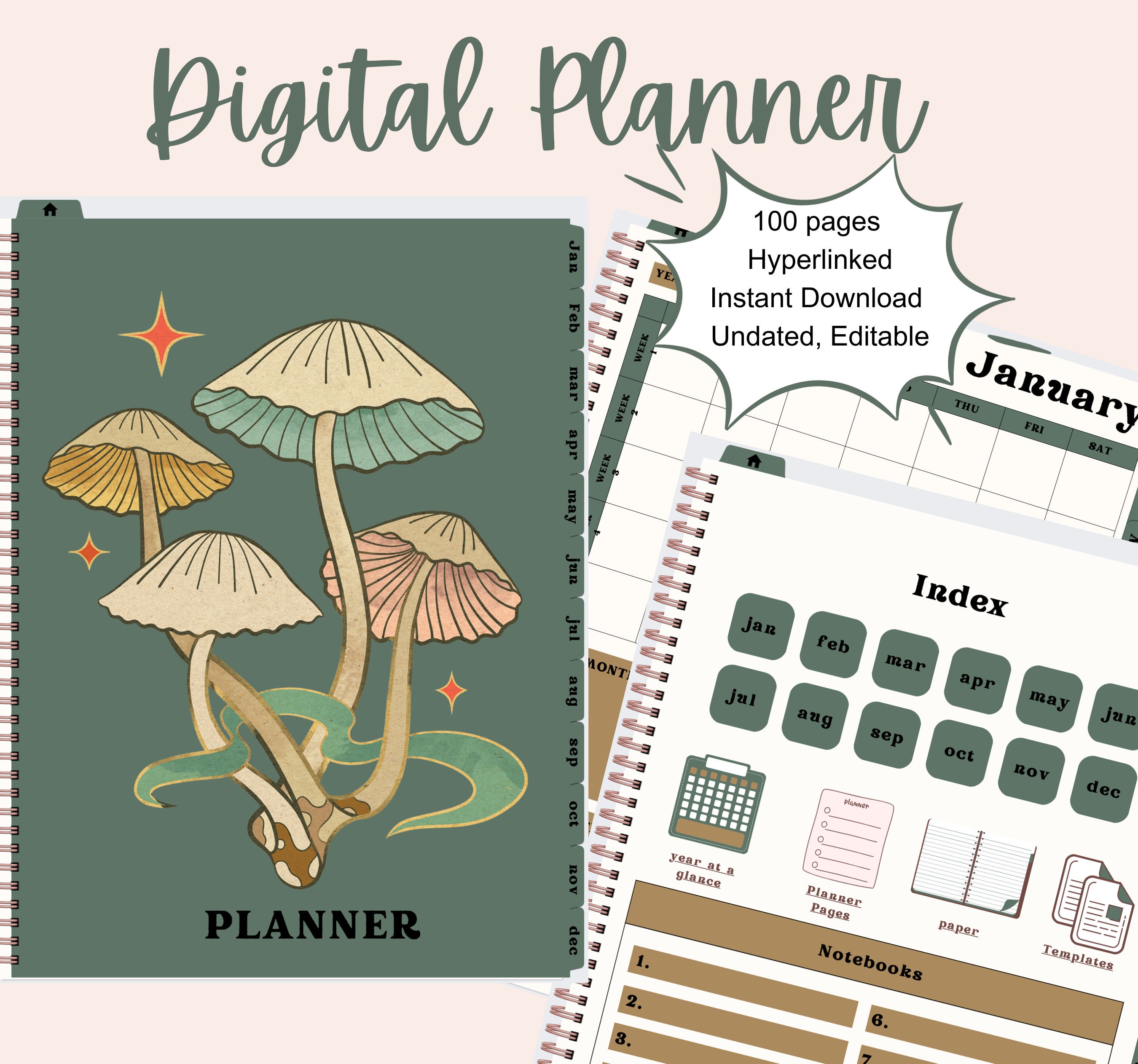 Digital Planner, Editable, Instant Download, Hyperlinked, Undated ...