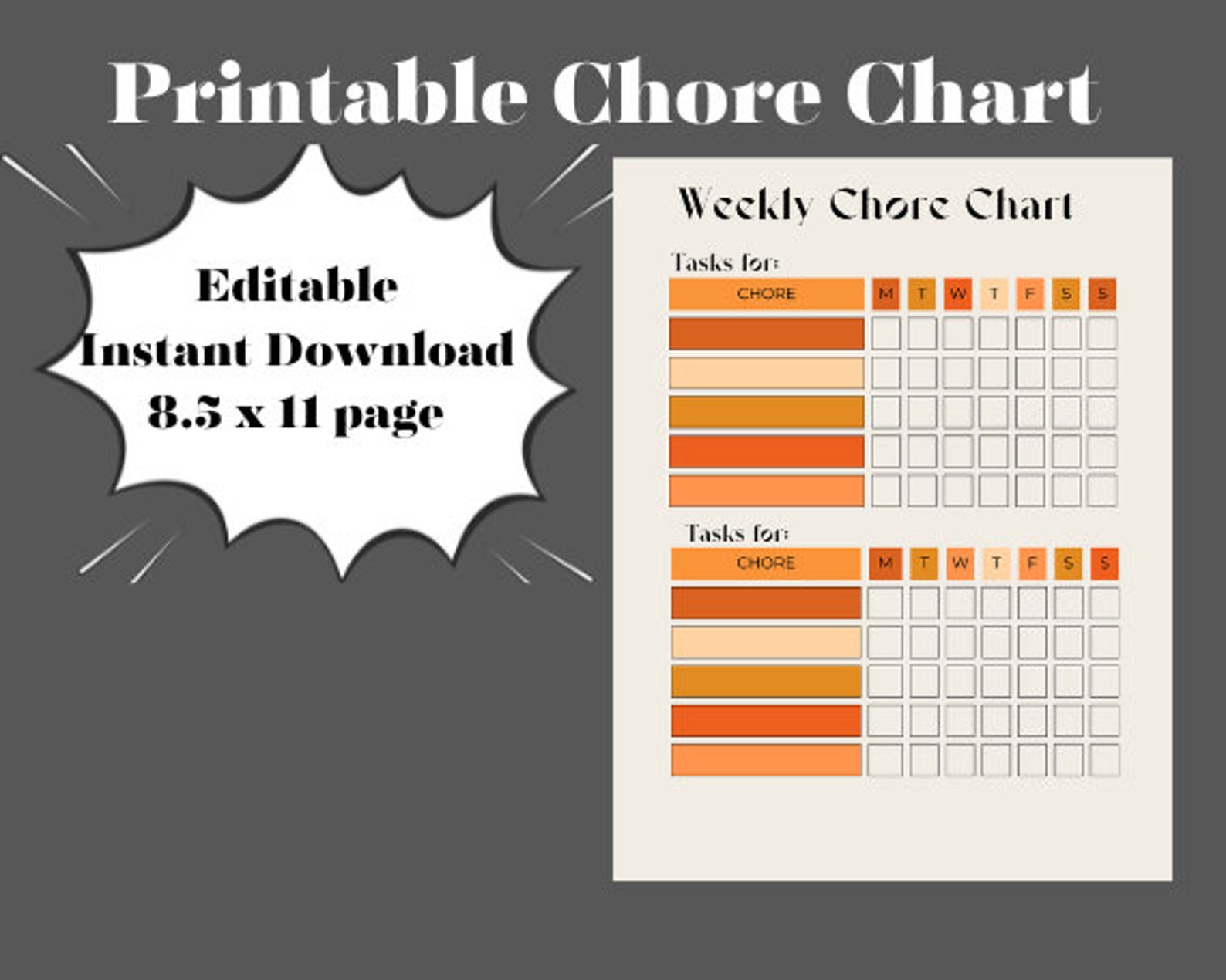 Printable, Editable, Weekly Chore Chart; Instant Download; Orange ...