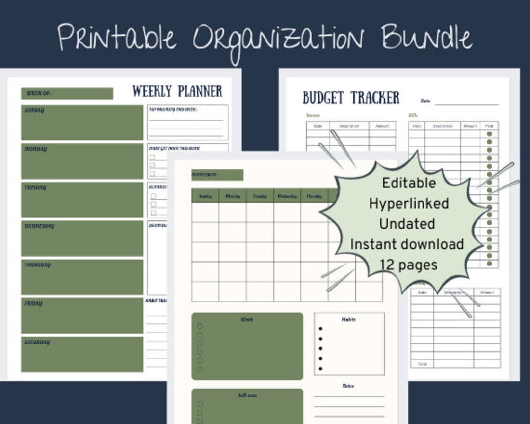 Printable, Editable, Hyperlinked Planner/organization Bundle; Monthly ...