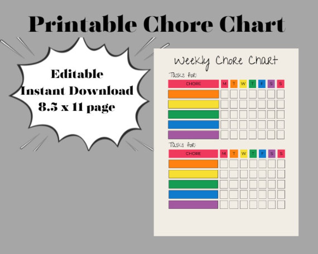 Printable, Editable Weekly Chore Chart; Instant Download; Multicolored ...