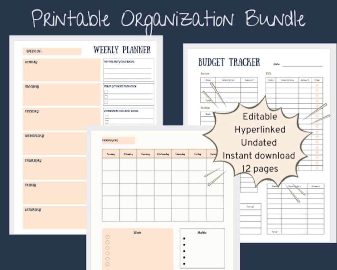 Printable, Editable, Hyperlinked, Undated Planner/organization Bundle ...
