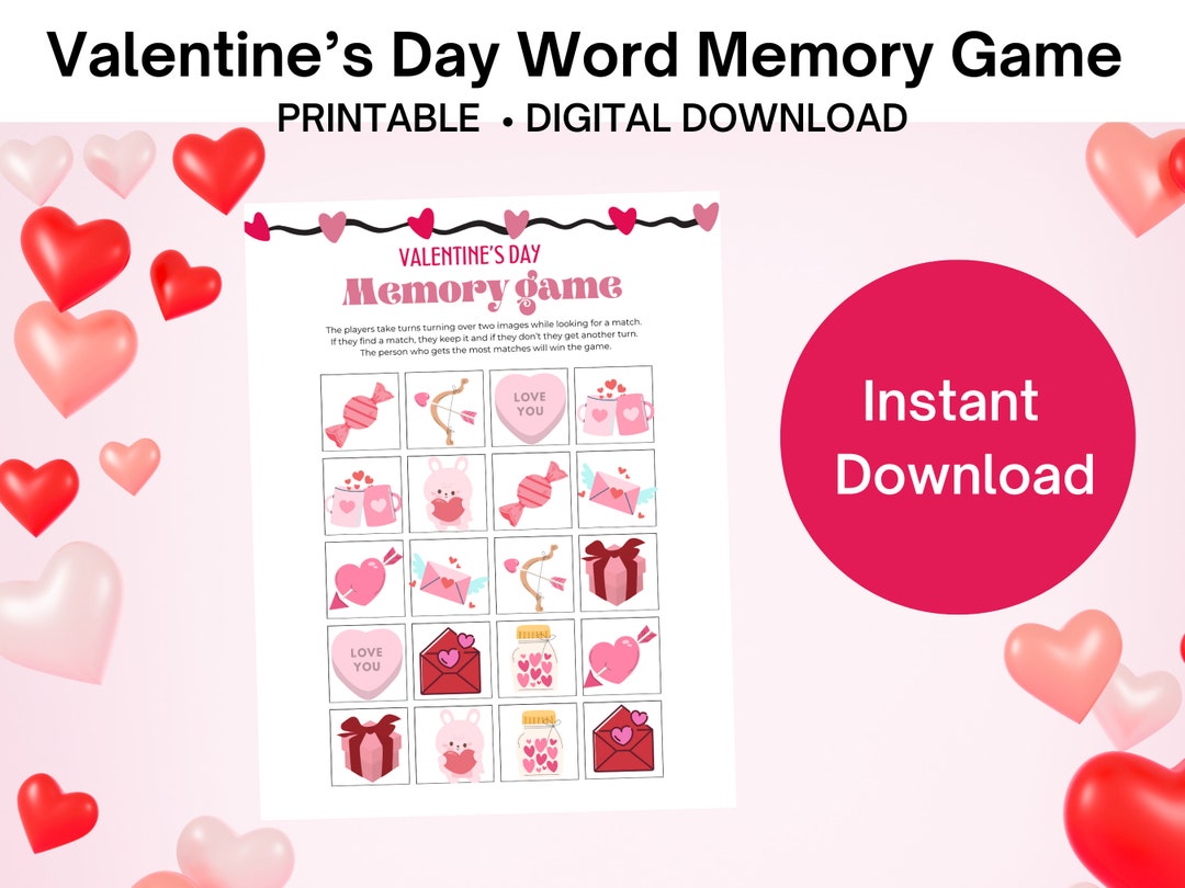 Valentine's Day Word Memory Game Valentine's Game Kids Printable Kids ...