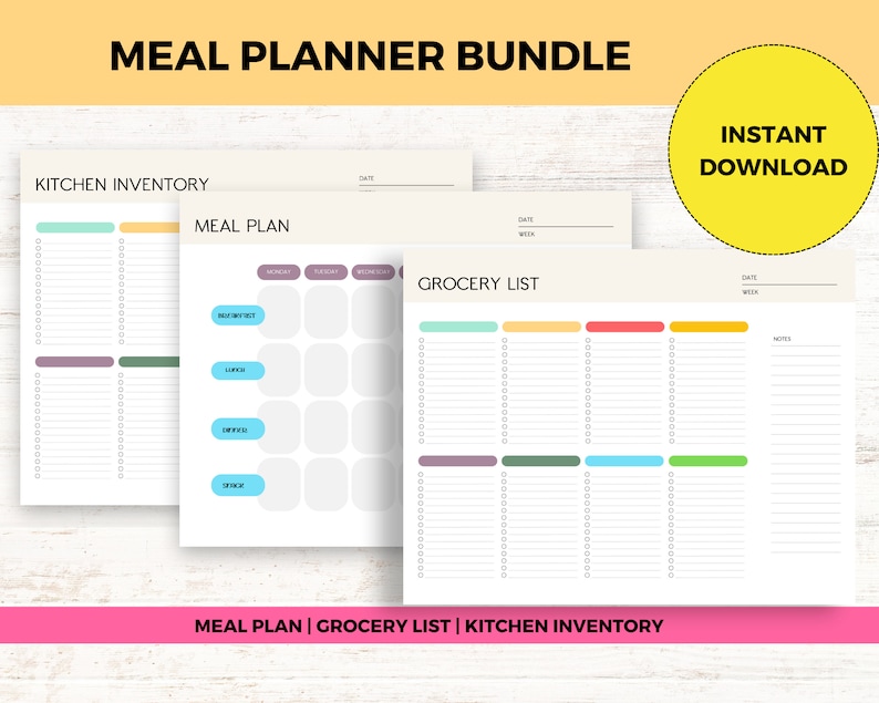 Printable Meal Planner Bundle Weekly Meal Planner Family Meal Planning Grocery List Kitchen ...
