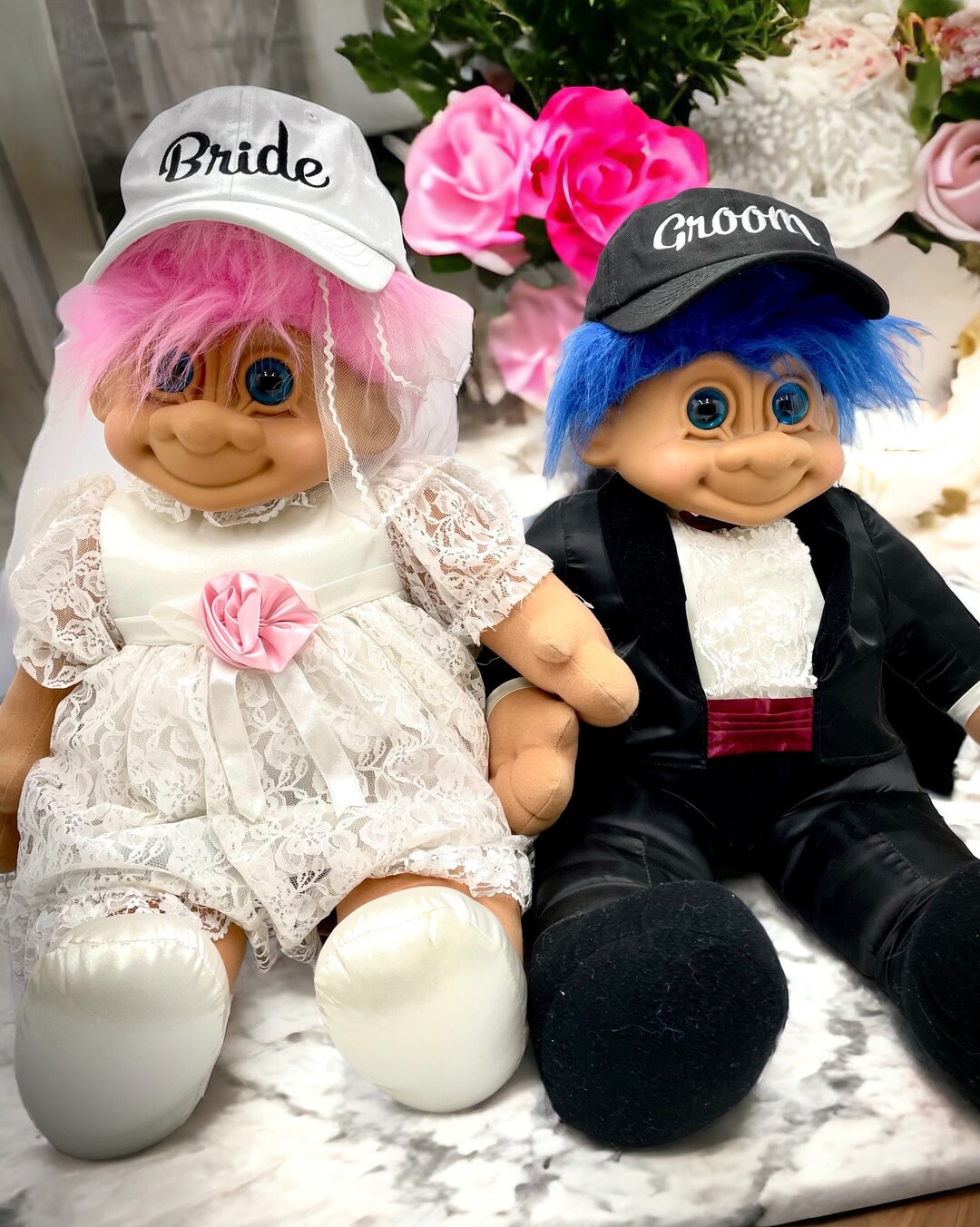 Vintage Bride & Groom Wedding Troll Dolls 24”X 16” Russ Trolls Marriage ...