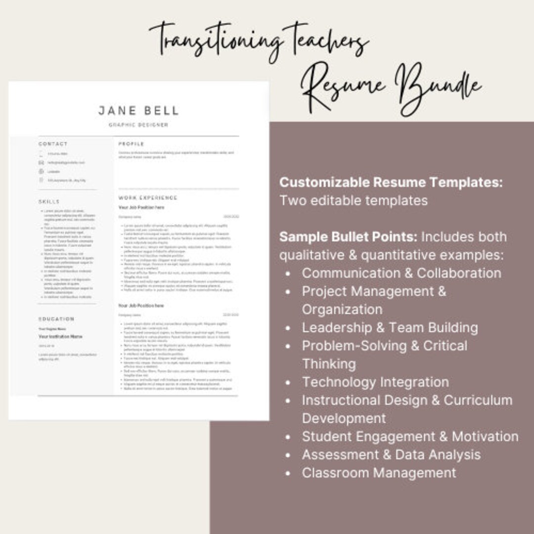 Resume Download, Resume Template, Transitioning Teacher - Etsy