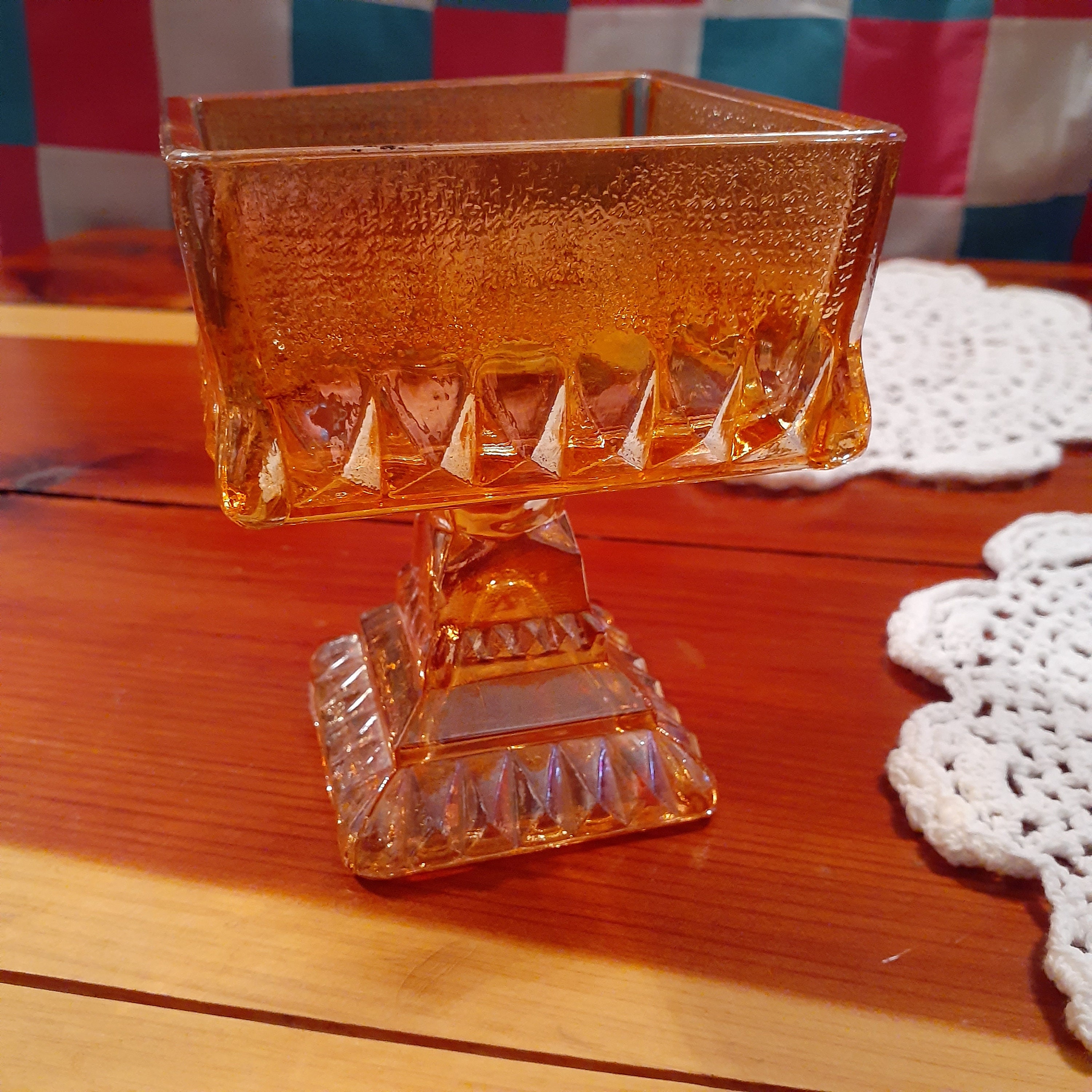1960's Jeanette Glass Wedding Cake Box Pedestal Candy Dish in Apricot ...