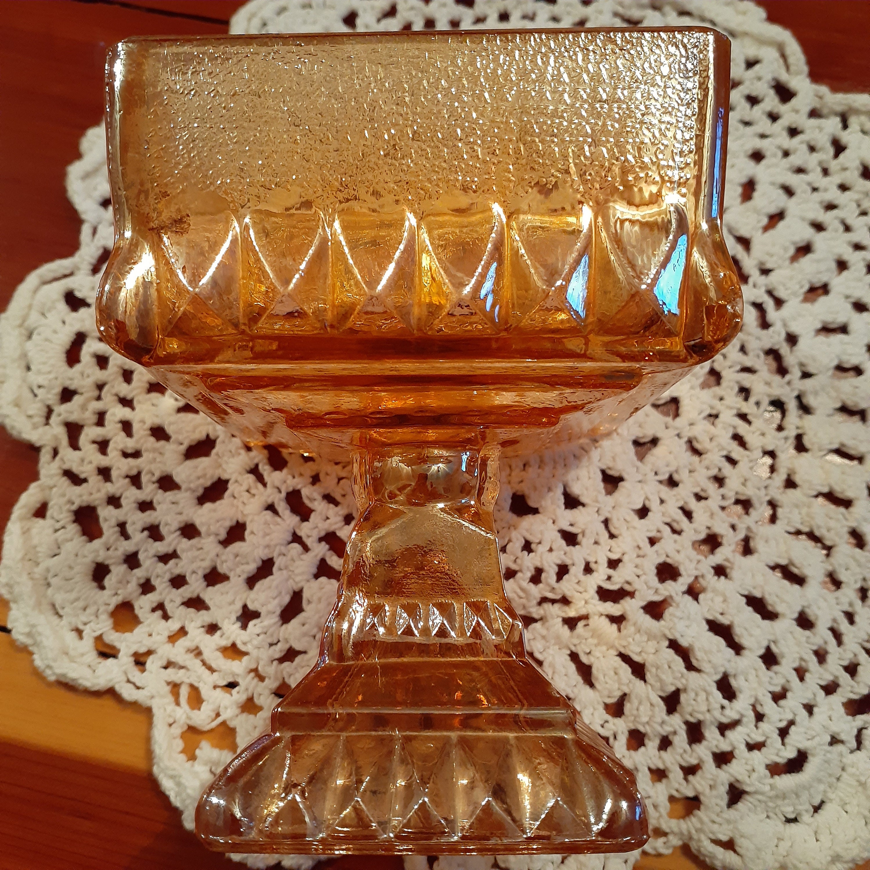 1960's Jeanette Glass Wedding Cake Box Pedestal Candy Dish in Apricot ...